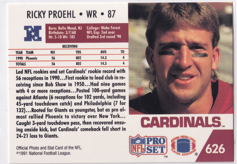 1991 Pro Set #626 Ricky Proehl Arizona Cardinals + (Yes 3 Free Mystery ...