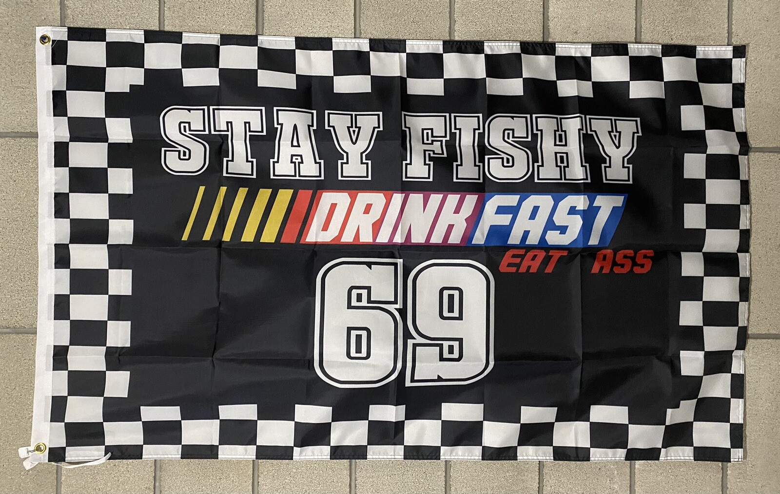 Drink Fast Eat Ass Flag Free Ship Stay Fishy Man Cave Boobs Beer USA 3x5' Sign | eBay