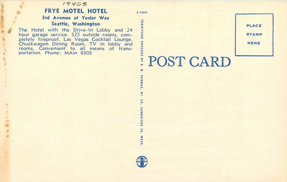 1940s Seattle Washington Frye Motel Hotel autos Thomas linen Postcard ...