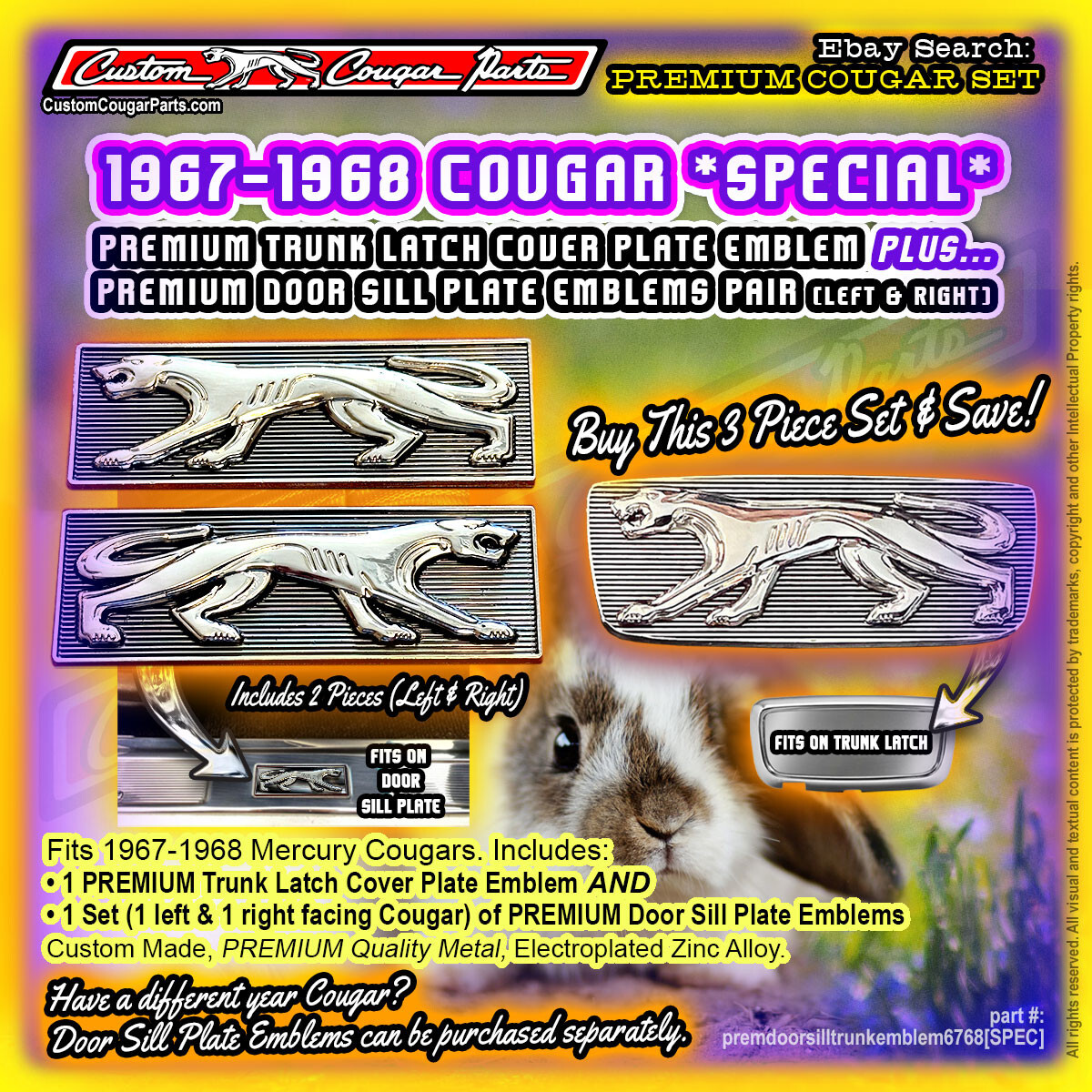 COUGAR CAT 1967-68 PREMIUM COUGAR Set: Scuff Plate Emblems+Trunk Plate ...