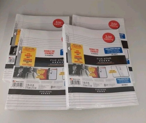 Lot of 4 Pkg Five Star College Ruled Reinforced Filler Paper 200 Sheets ...