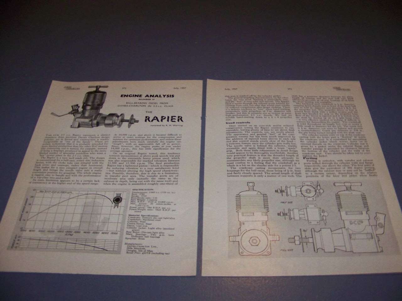 VINTAGE..RAPIER 2.5CC AIRCRAFT R/C ENGINE..4-VIEWS/GRAPHS/SPECS..RARE ...