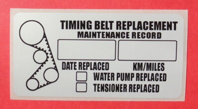 Qty 10 TIMING BELT STICKERS WHITE GLOSS POLYESTER LABEL 3" x 1.5" READ ...
