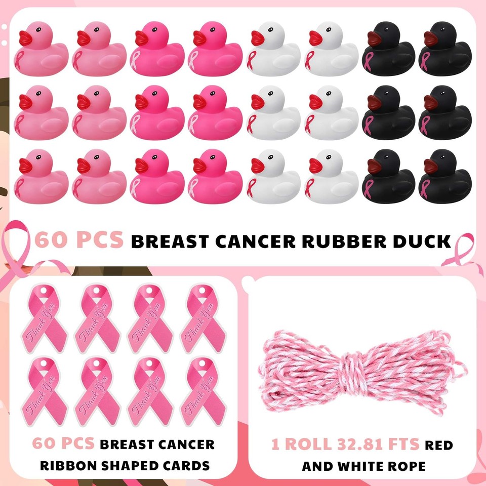 Honoson 60 Set Breast Cancer Rubber Ducks Mini Ducks with Ribbon Shaped ...