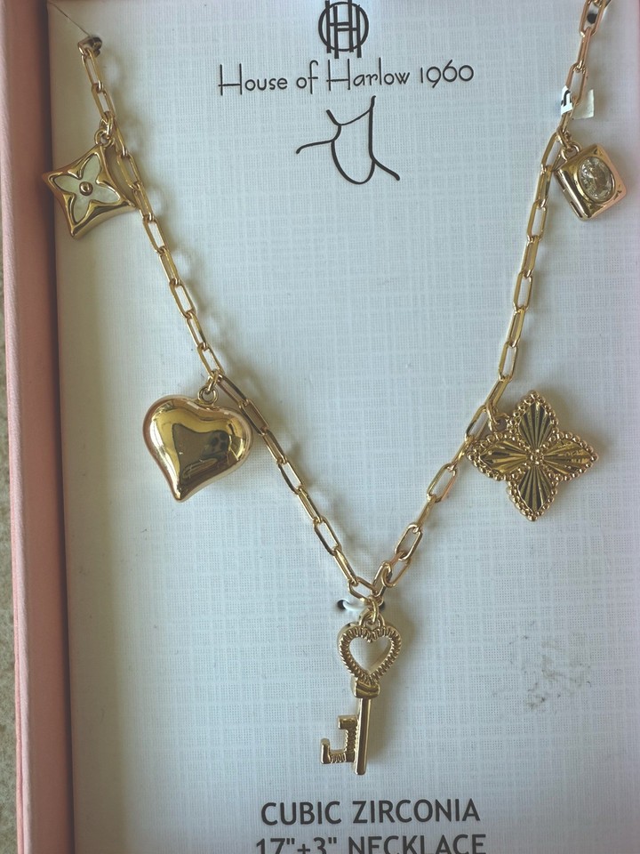 House of Harlow 1960 Gold Charm Necklace LV CLOVER HEART KEY CUBIC ...