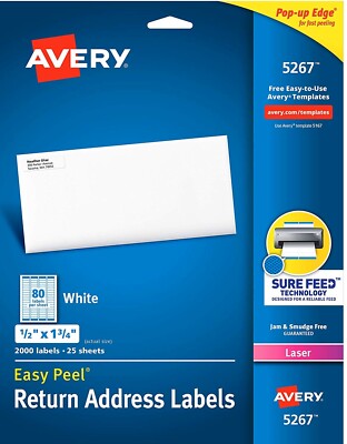 NEW BOX 2000 Avery 8167/5167/5267 Return Address Shipping Labels 1/2" X ...