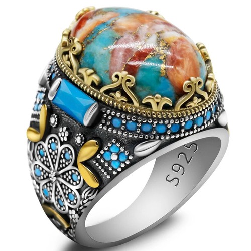 Natural Oyster Turquoise Stone Ring 925 Sterling Silver Turkish Men ...