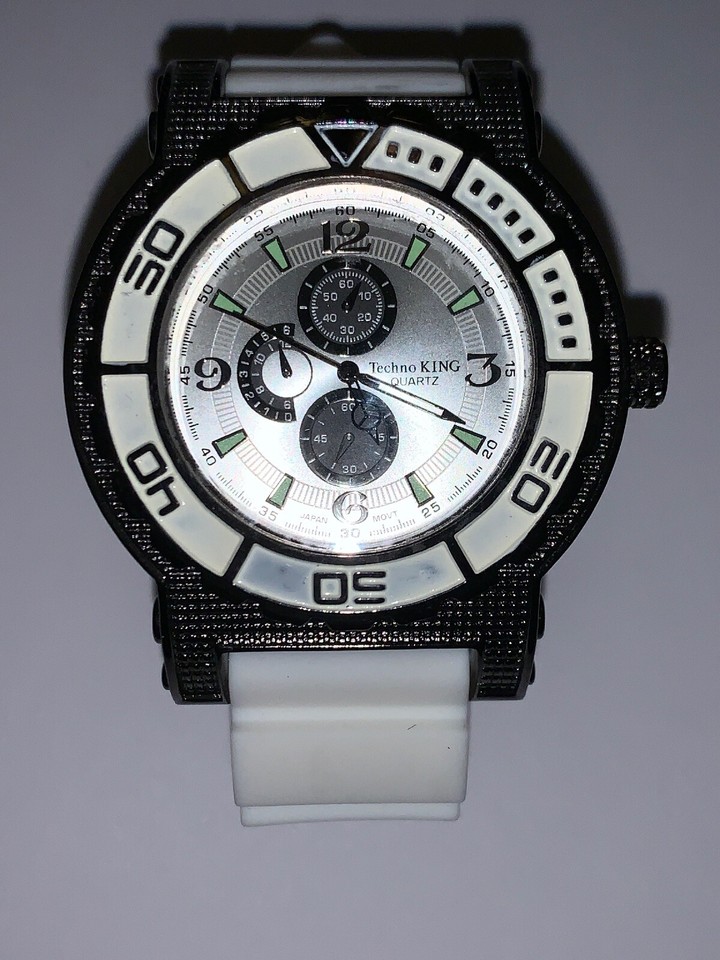 Techno King Quartz Mens Fashion Watches. New Battery. White Silicone ...