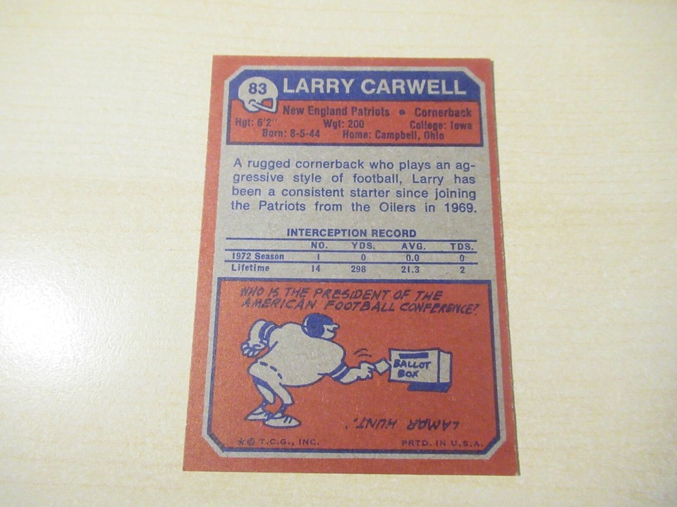 1973 TOPPS FOOTBALL LARRY CARWELL #83 PATRIOTS HIGH GRADE SETBREAK FREE ...