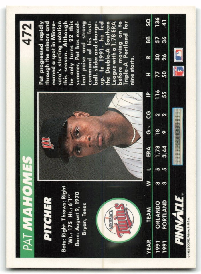 1992 Pinnacle #472 Pat Mahomes RP, RC, Rookie Card Minnesota Twins 3V ...