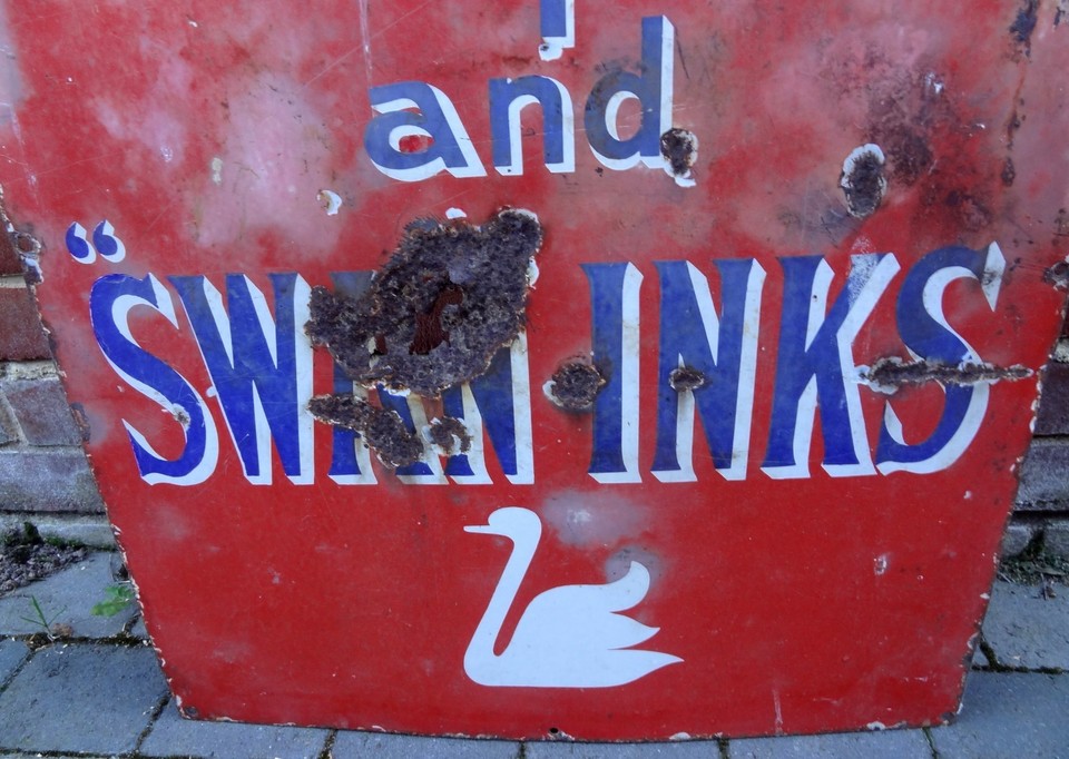 Rare Original Pre-War 40" x 22" Enamel Sign Advertising Swan Ink & Pens ...