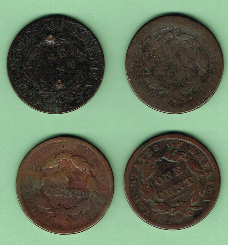 4 US Coronet Large Cents lot group 1819, 1820, 183?, 1838 LOW Grade ...