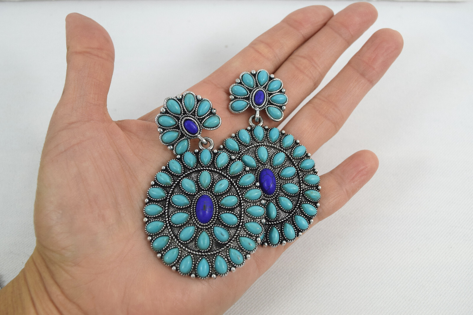 Western Concho Oversized Squash Blossom Dangle Earrings, Large Concho ...