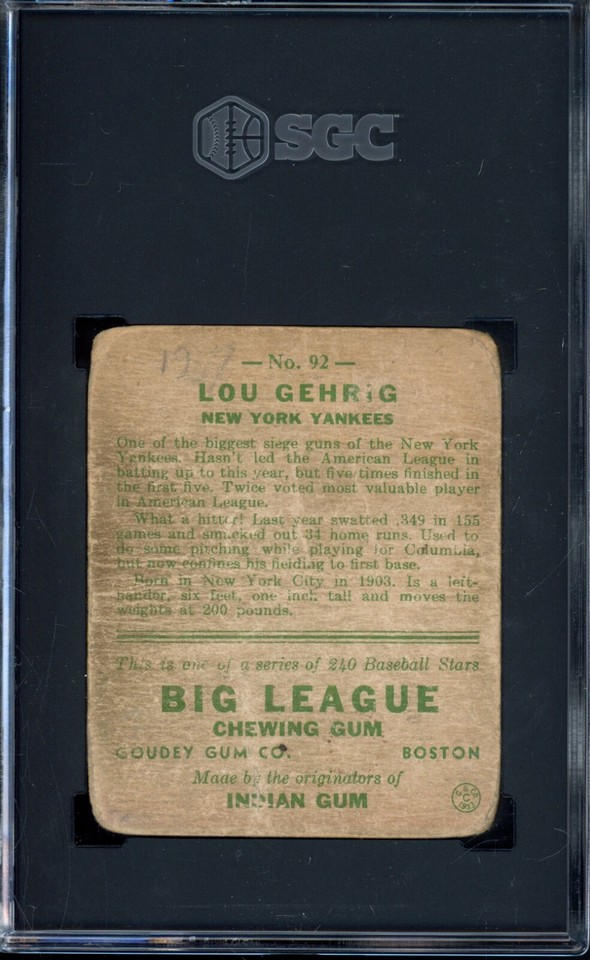 1933 Goudey #92 Lou Gehrig Rookie SGC 1 New York Yankees HOF Baseball ...