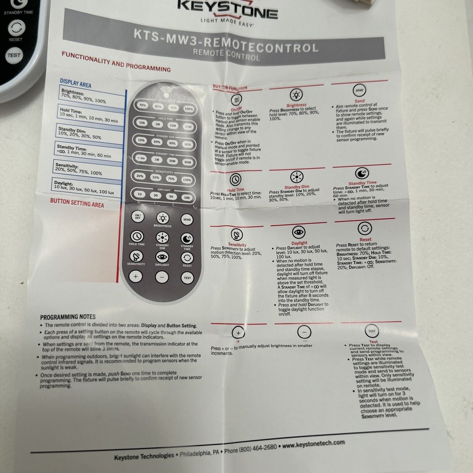 Keystone KTS-MW3-Remote Control For KTS-ME3 Sensors - Adjust & Set, New ...