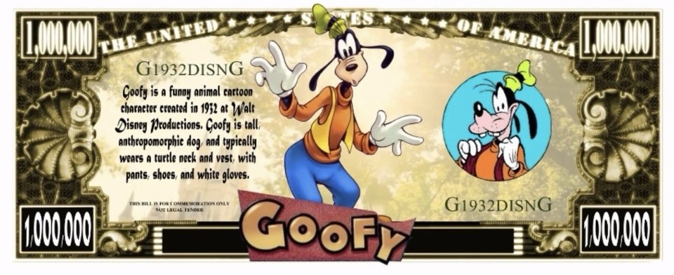 Pack of 5 Disney’s Goofy 1 Million Dollar Bills Collectible Novelty ...