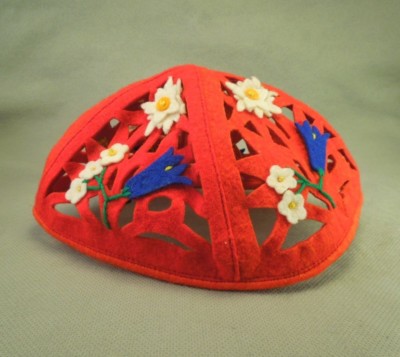 Cut Out Red Felt W/ White & Blue Flower Detailed Jewish Kippah Yamaka ...