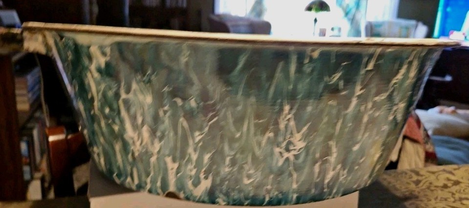 ANTIQUE VERY LARGE TURQUOISE AQUA BLUE GRANITEWARE ENAMELWARE WASH ...