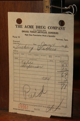 Vintage 1956 Receipt Acme Drug Company Harriman Tennessee | eBay