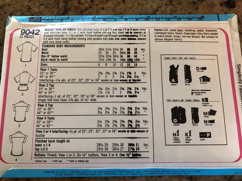 🌼 1979 SIMPLICITY #9042 - LADIES ( 4 STYLE ) SHIRT - TOP - TUNIC ...