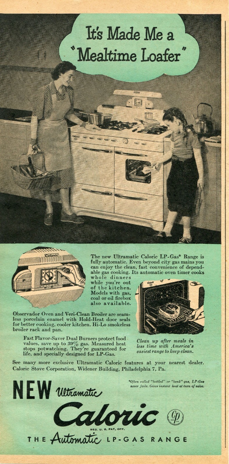 1948 Print Ad of Caloric Ultramatic LP-Gas Stove Oven mealtime loafer ...