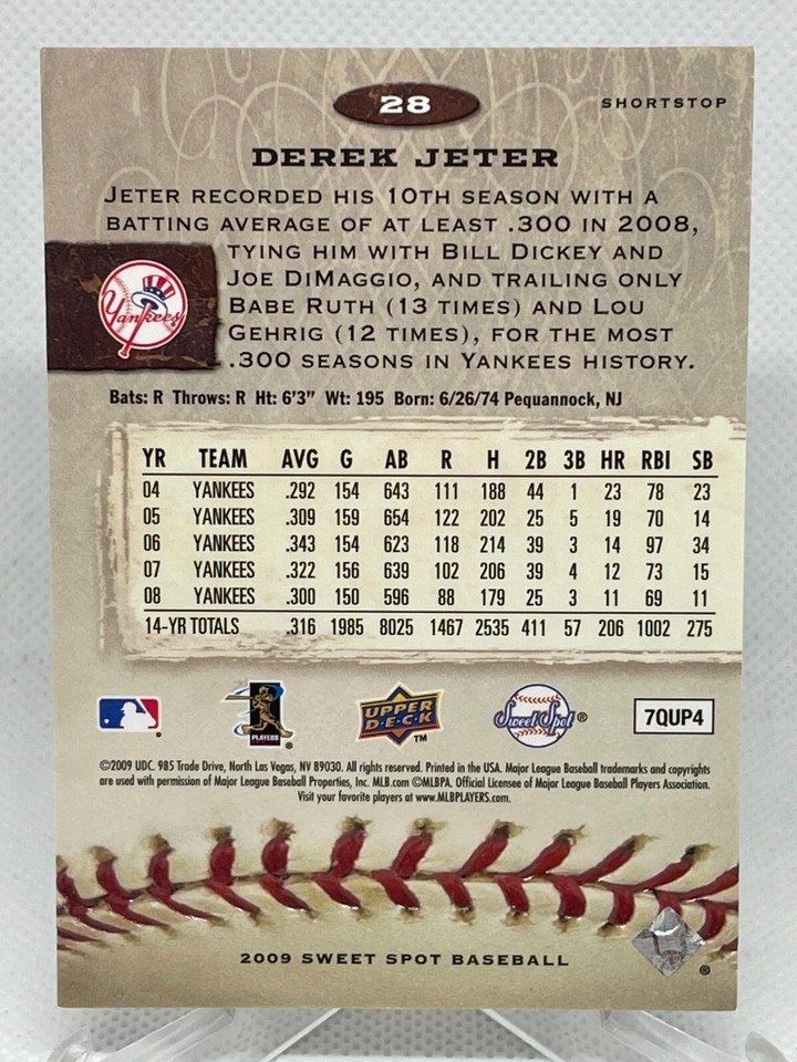 Derek Jeter 2009 Upper Deck Sweet Spot #28 Yankees HOF | eBay