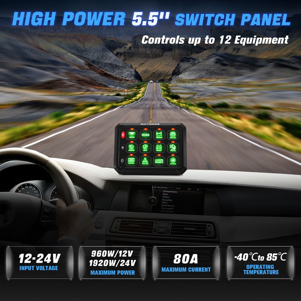 MICTUNING 12 Gang Switch Panel Kit Green Touch Led Lights Relays ...