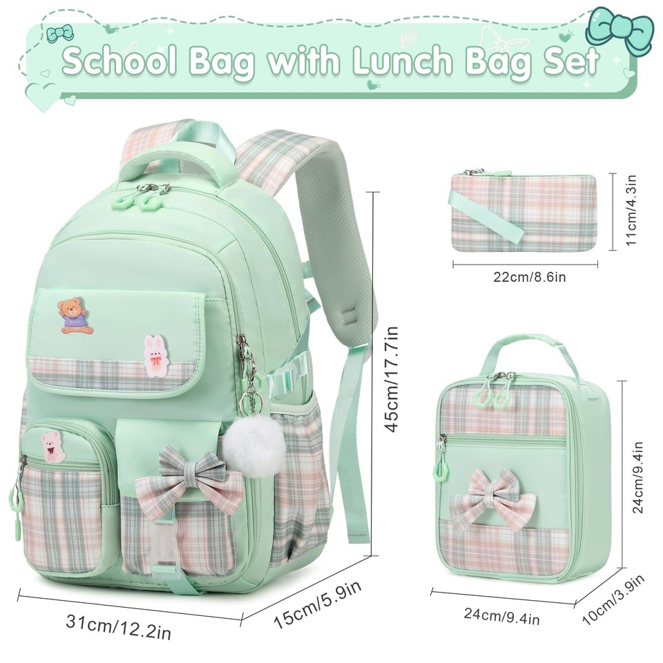 3 PCS Cute School Backpacks for Girls with Lunch Box Pencil Case Green ...