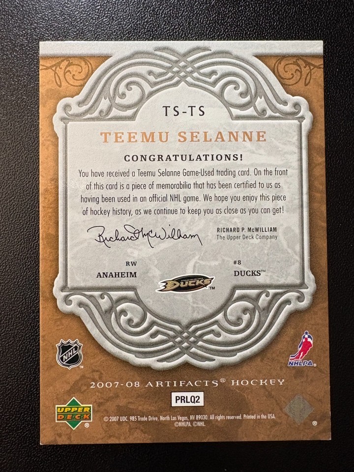 2007-08 Upper Deck Artifacts Teemu Selanne Treasured Swatches 019/299 ...