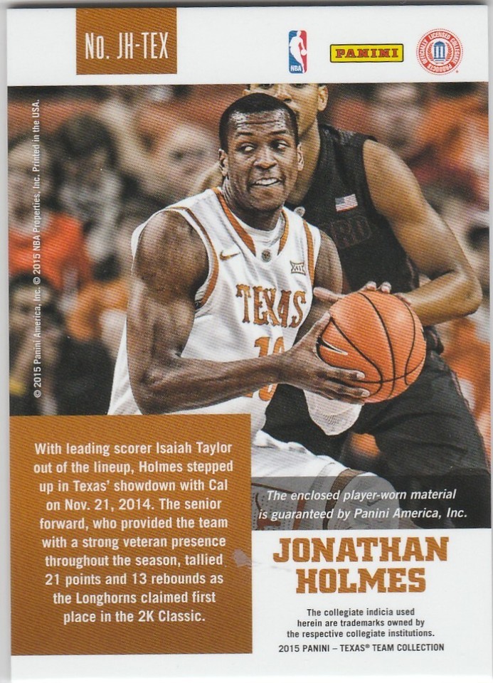 JONATHAN HOLMES 2015 TEXAS PANINI COLLEGIATE JERSEY RELIC PATCH JH-TEX | eBay