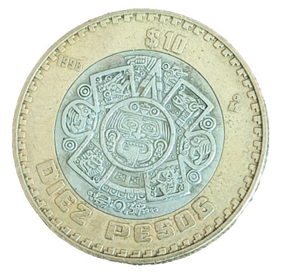 #231 Mexico 10 Pesos coin, 1998- Bi-metallic. Tonatiuh with fire mask ...