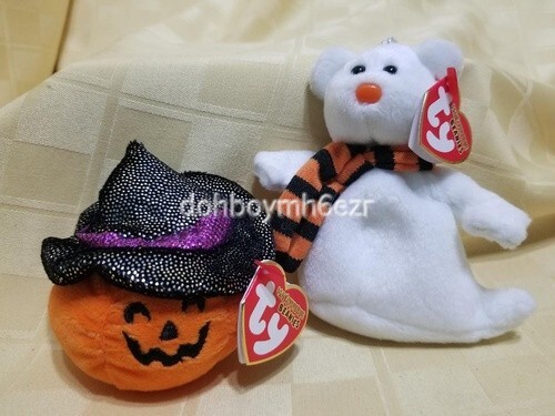 Ty Beanie Baby Halloweenie Beanies SCREAM Pumpkin Quivers Ghost ...