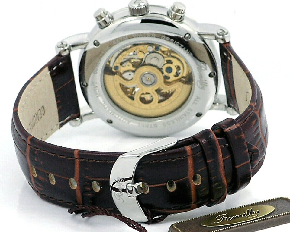 NEW ROMILLY CABOT AUTOMATIC SKELETON MULTI FUNCTION WATCH SILVER BROWN ...