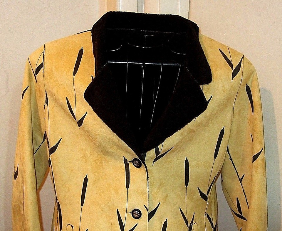 Women's Yellow & Black Cattail Print Suede Button Down Jacket -Size ...