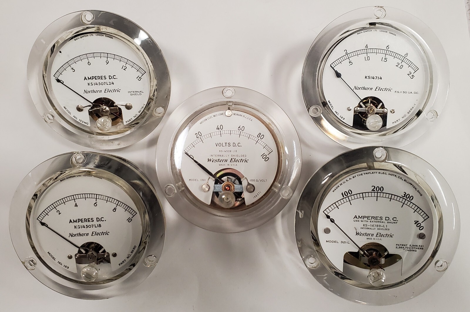Vintage Panel Meters lot of 5 amperage and voltage meters. Clear ...