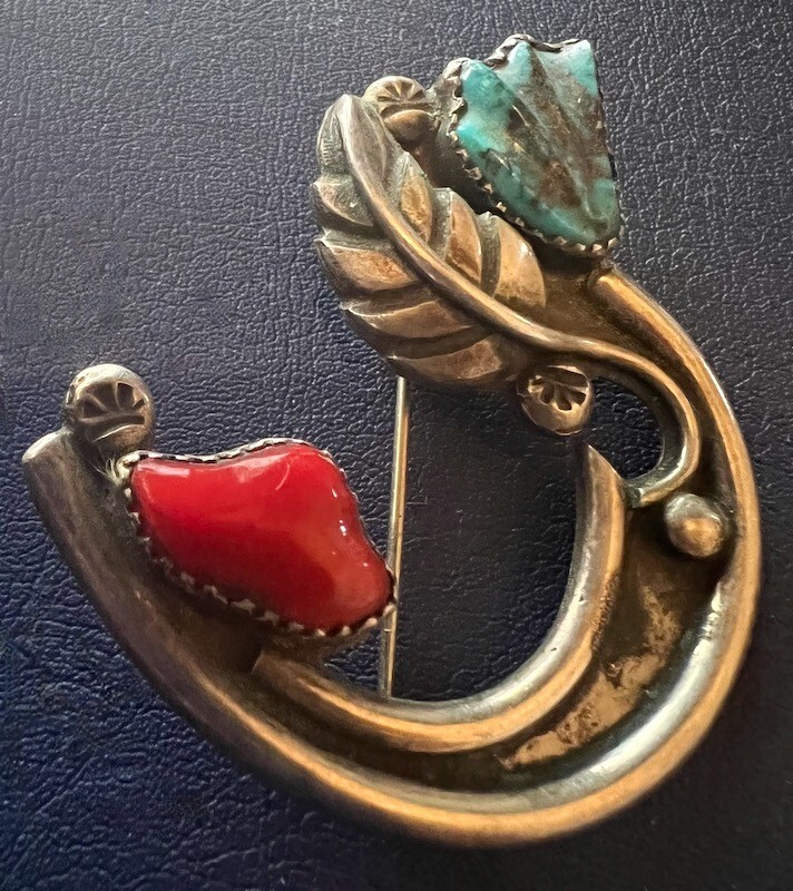 Masterpiece Zuni Cochiti Ben Eustace Pin Carved Natural Coral Turquoise ...