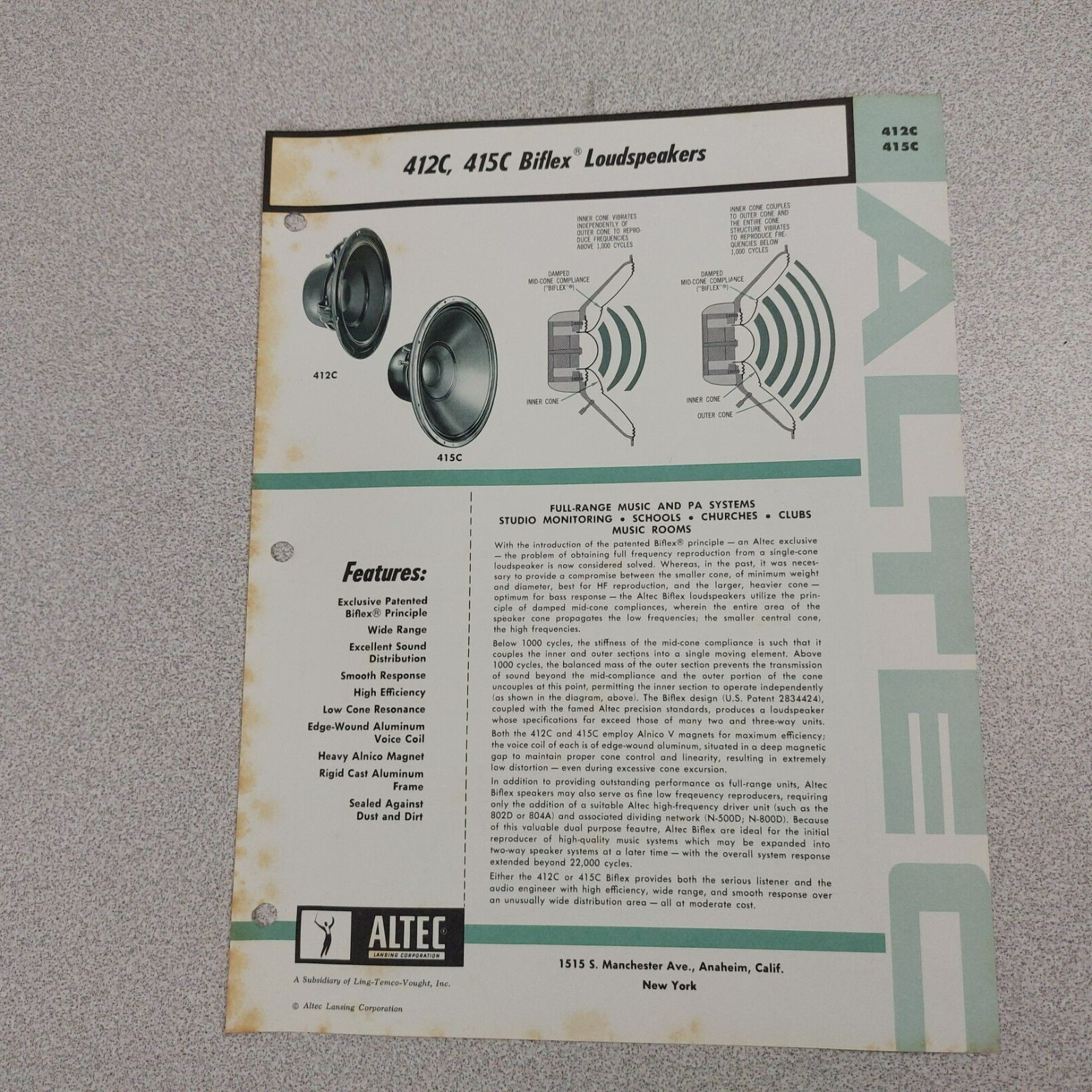 Vintage 60s Altec Spec Sheet 412C 415C Biflex Loudspeaker Sound ...