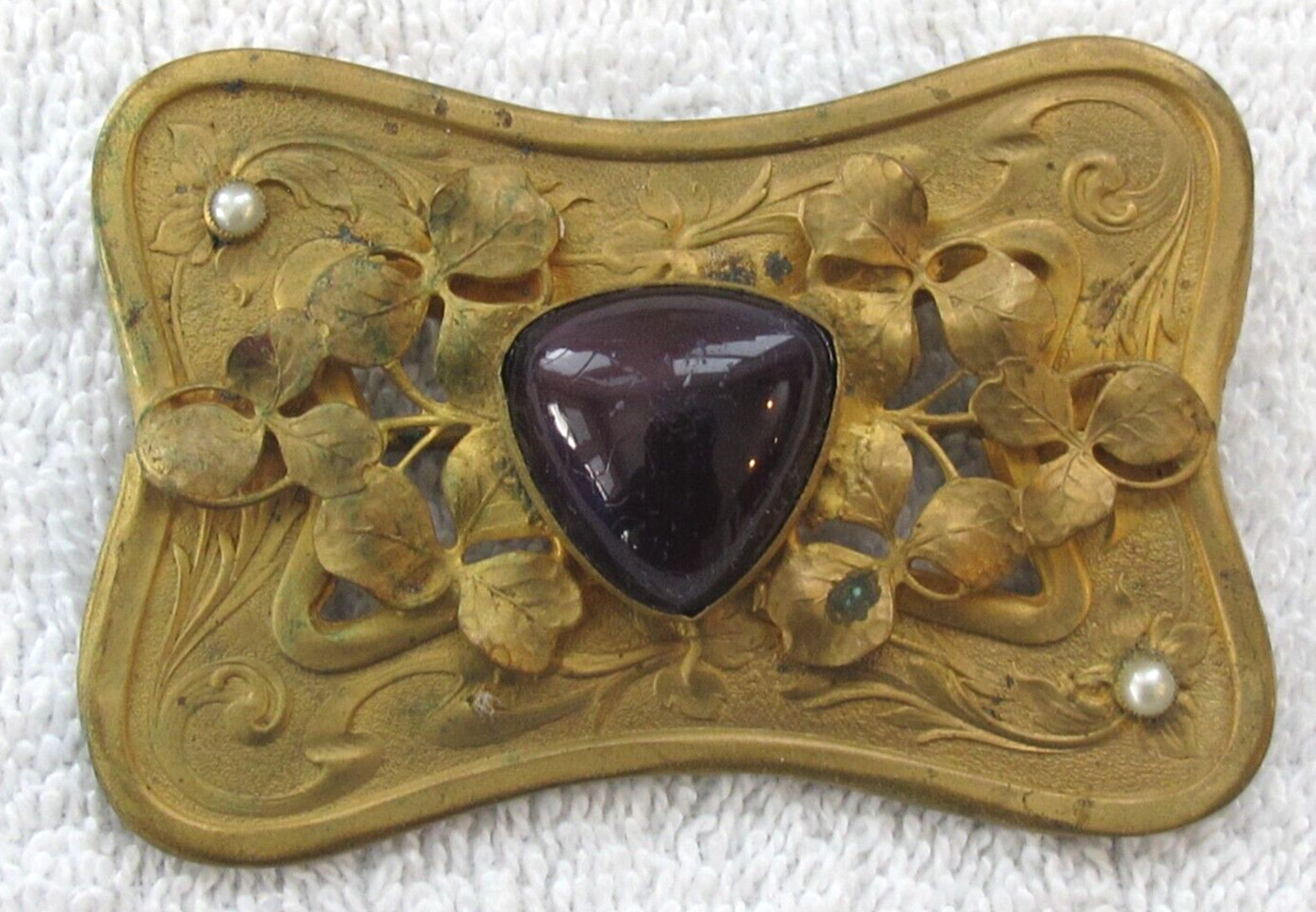 Victorian Brooch Sash Pin Purple Stone & Pearl Art No… - Gem
