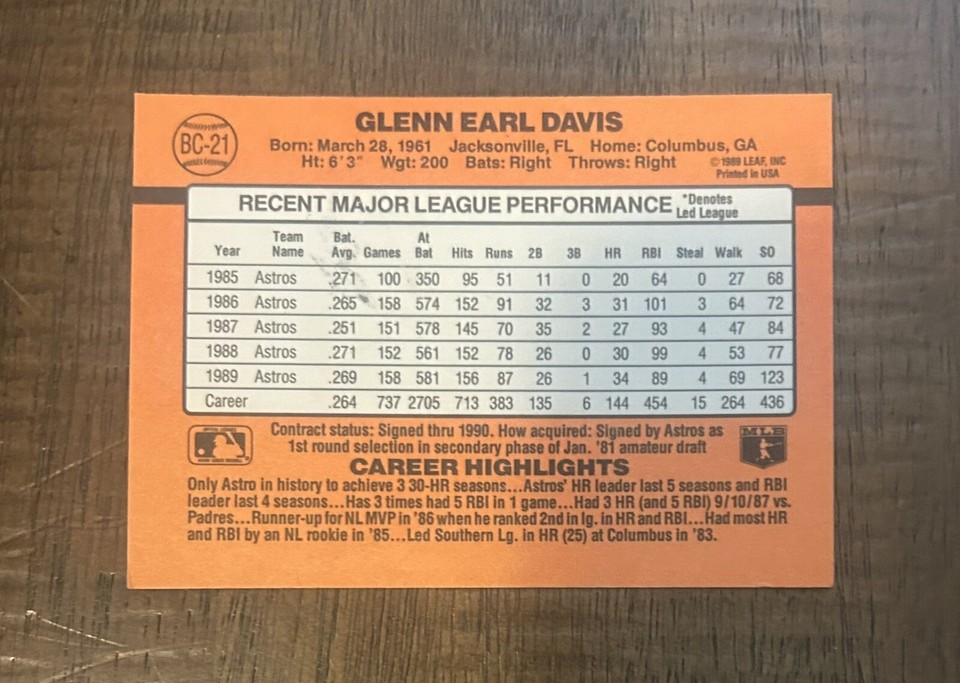 GLENN DAVIS HOUSTON ASTROS MVP #BC21 - DONRUSS NM-MT 1990 | eBay