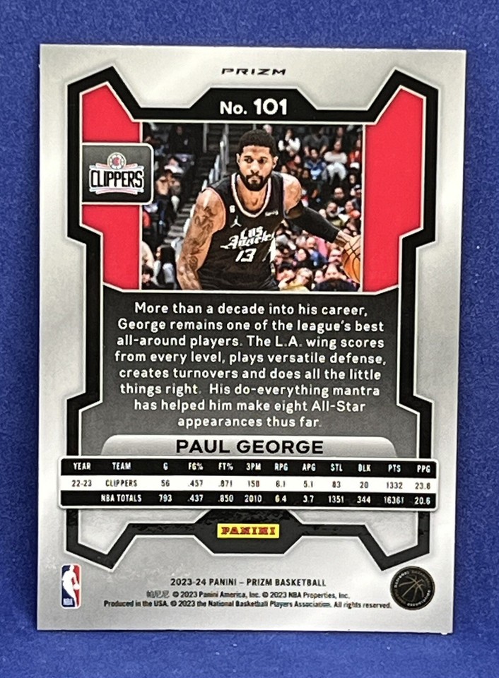 2023-24 Panini Prizm Paul George Red Wave Prizm #101 Los Angeles ...