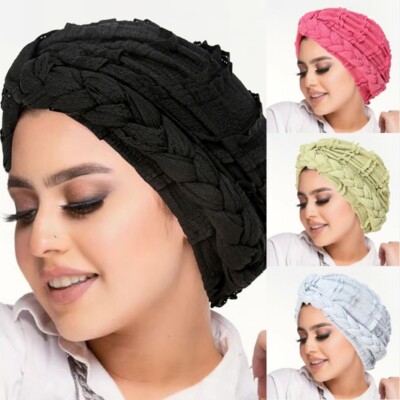 Women Turban Cap Arab Islamic Braid Wrap Hair Bonnet Patchwork Lace ...