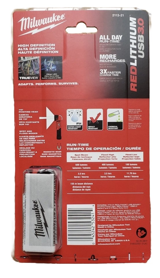 NEW Milwaukee 2113-21 REDLITHIUM USB Rechargeable Pivoting Flashlight ...