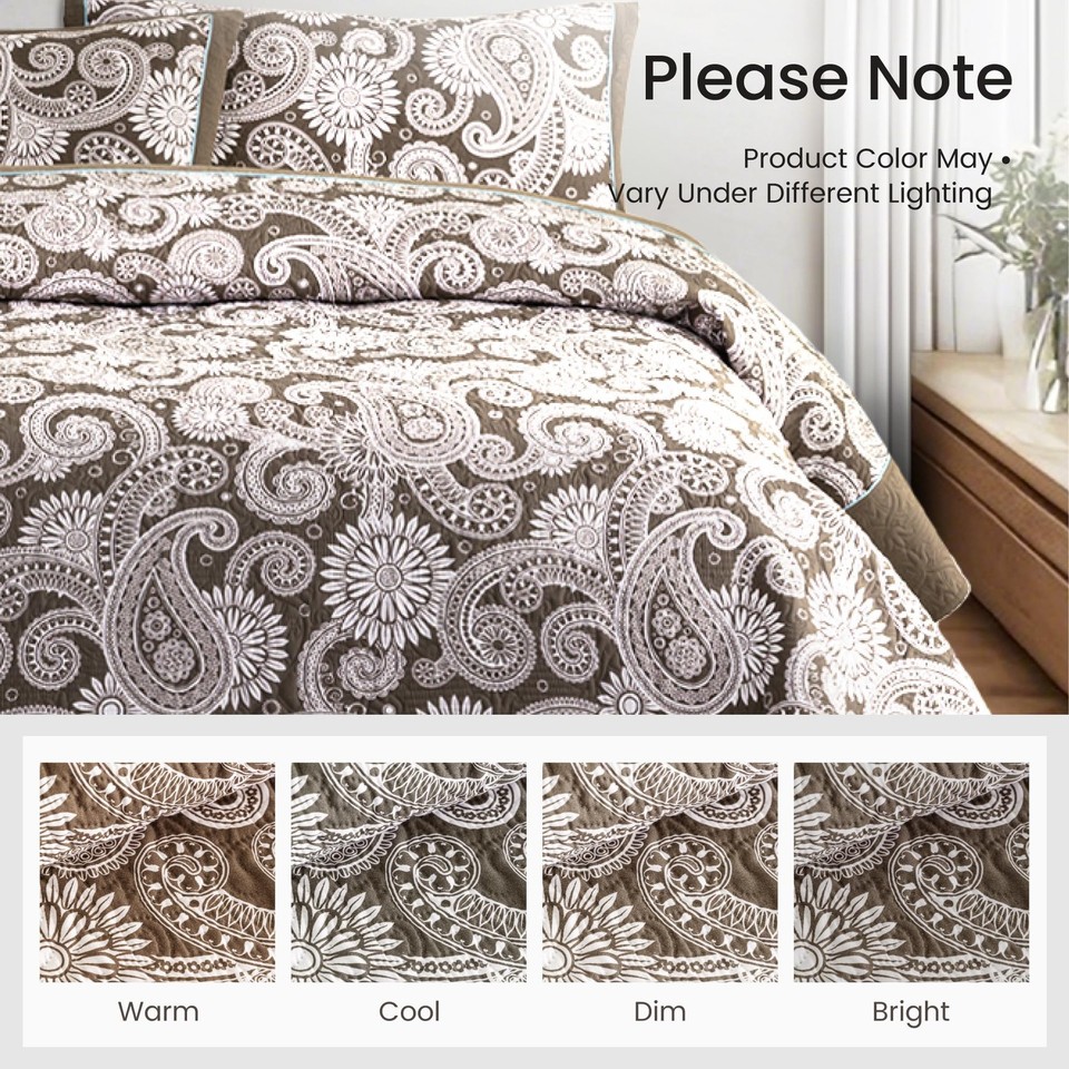 Brown Paisley King Quilt Set-3 Piece Lightweight Reversible Damask ...