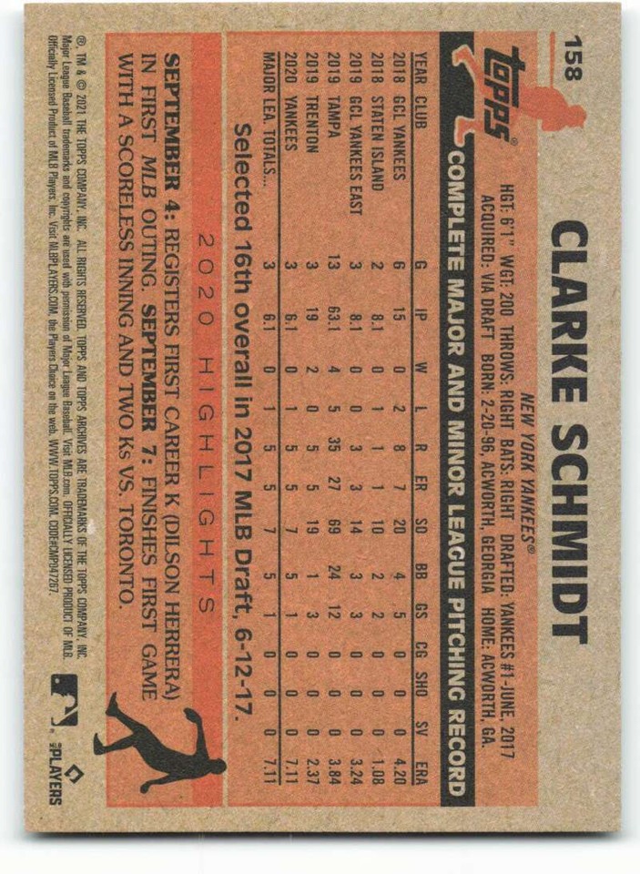 2021 Topps Archives #158 Clarke Schmidt RC Rookie New York Yankees ...