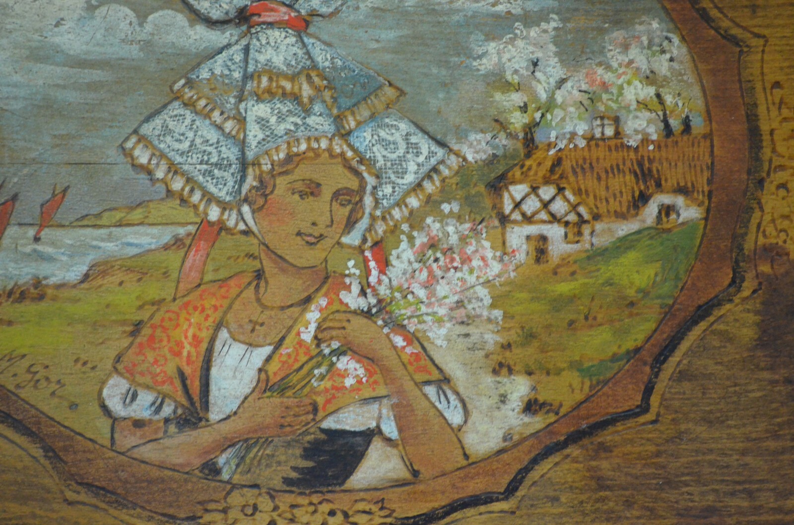 ANCIEN PLATEAU TABLEAU PYROGRAVURE ET PEINTURE FEMME BRETONNE BATEAU ...