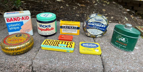 Vintage Drug Store Tins-Box Lot....Powder, Vicks, Band-Aid....9 Items ...