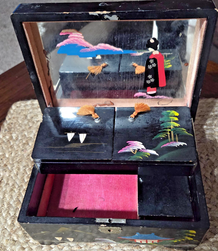 Vintage Black Lacquer Japanese Jewelry Musical Box Hand-painted. music ...