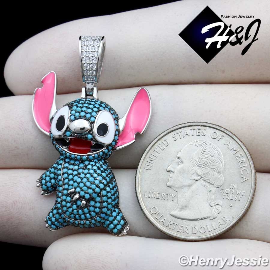 925 STERLING SILVER ICY BLING BLUE CZ 3D LILO STITCH CARTOON PENDANT ...