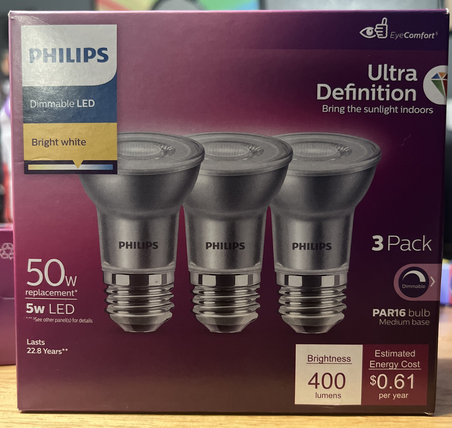 Philips 3pk 50w Par16 Medium Base LED 5w Dimmable Ultra Definition New ...