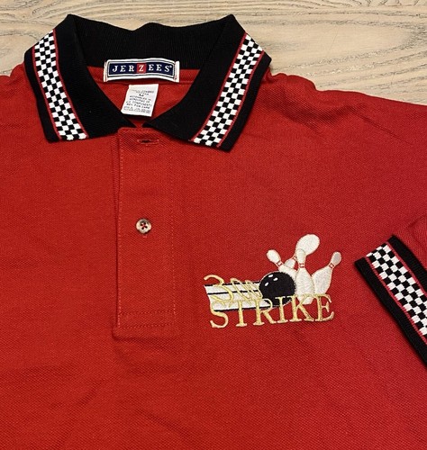 VTG 90s Jerzees Red Polo Shirt Mens M Checkered Collar Cuffs Bowling ...